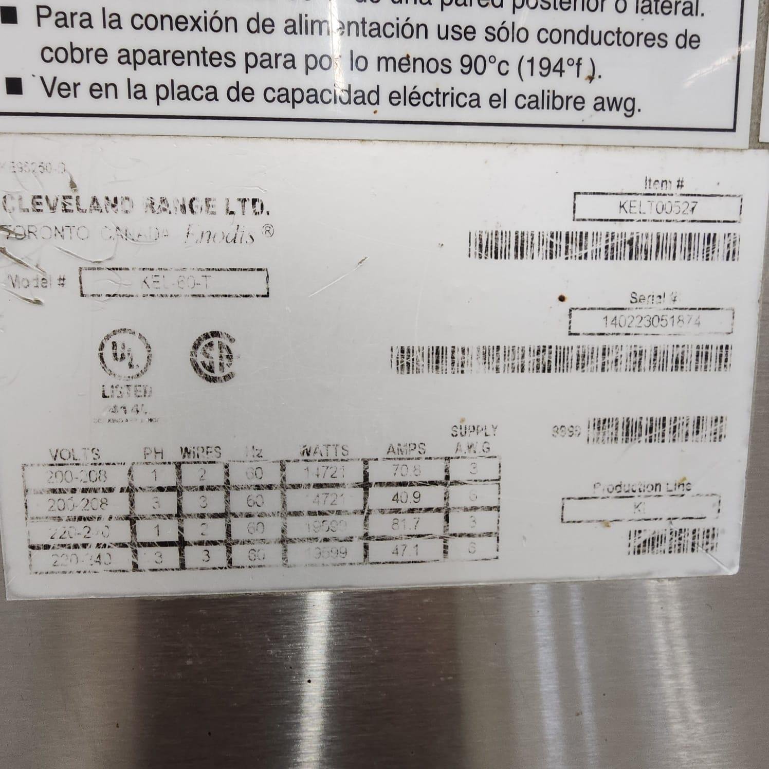 Cleveland 60gal Kettle Model KEL-60-T. 50 psi. Serial No. 1402230 ...