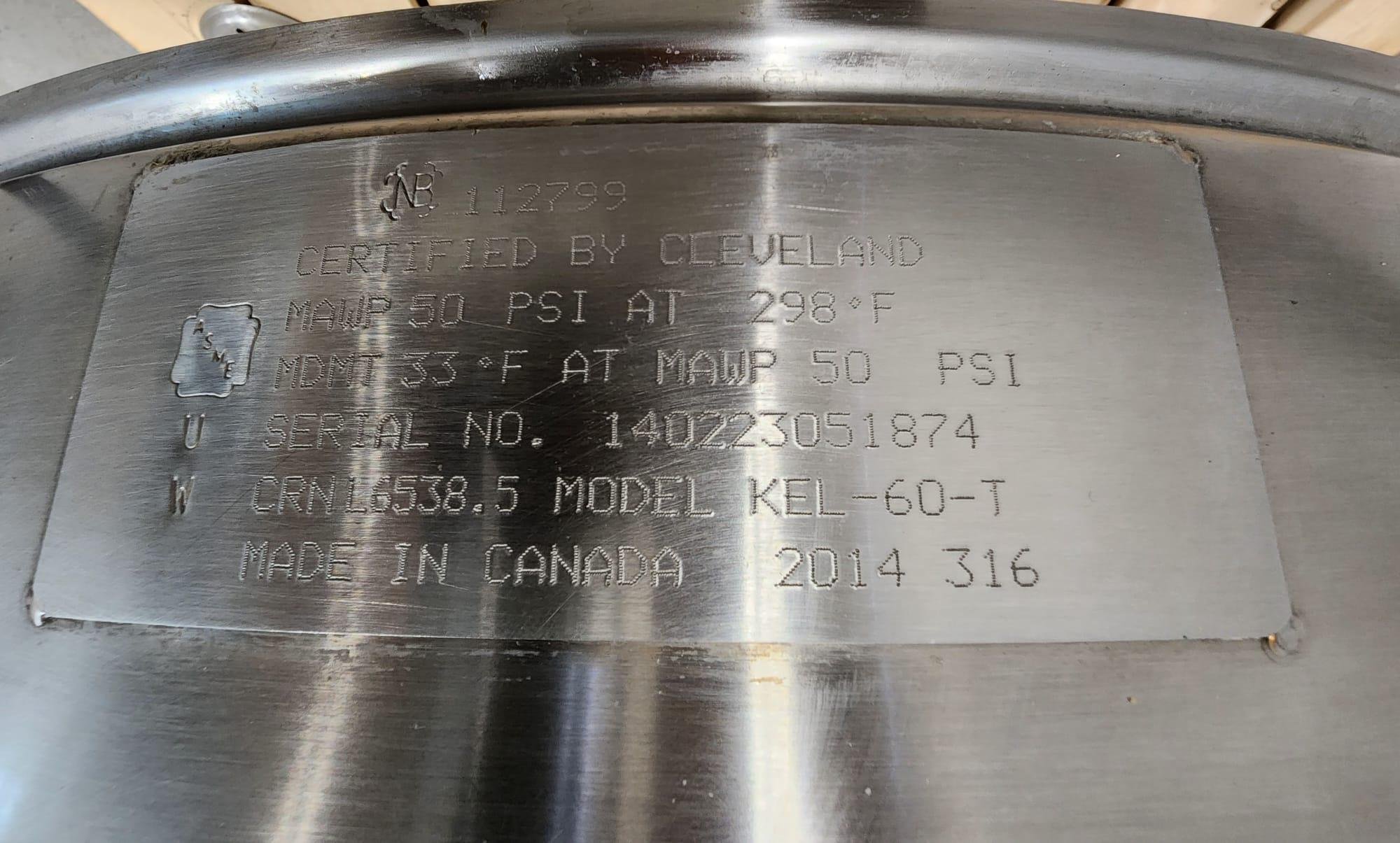 Cleveland 60gal Kettle Model KEL-60-T. 50 psi. Serial No. 1402230 ...